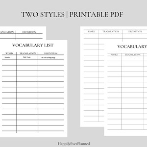 Vocabulary List, Printable,language Learning Note, Vocabulary Worksheet ...