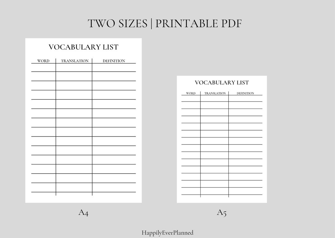 Vocabulary List, Printable,language Learning Note, Vocabulary Worksheet ...
