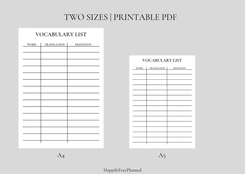 Vocabulary List, Printable,language Learning Note, Vocabulary Worksheet ...