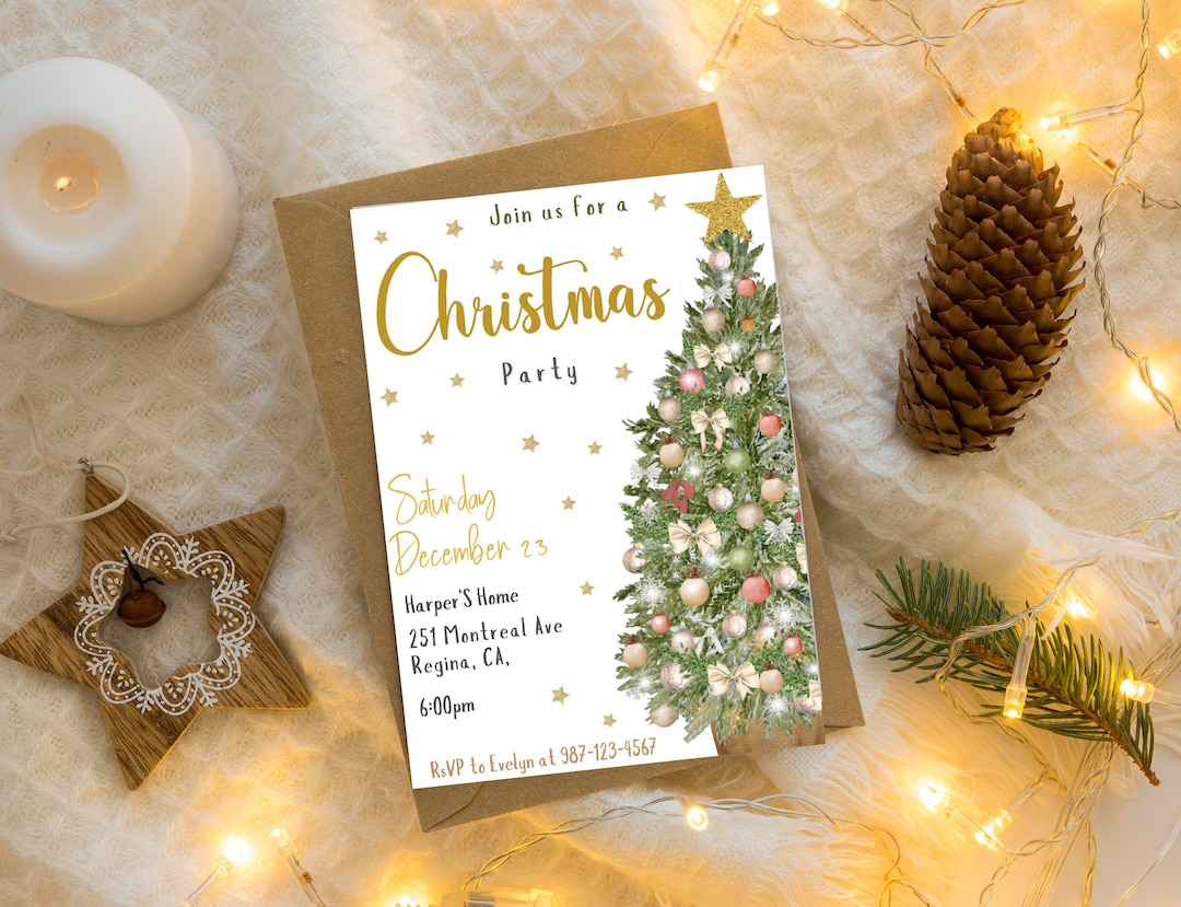 Editable Boho Christmas Party Invitation, Canva Template (digital ...