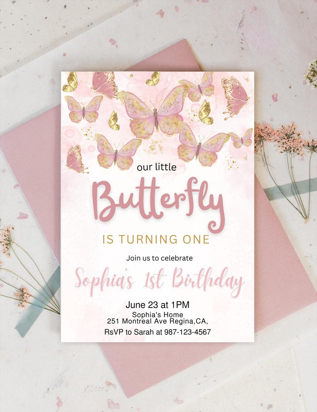 Butterfly First Birthday Invitation Girl: Pink & Gold, Editable Canva ...