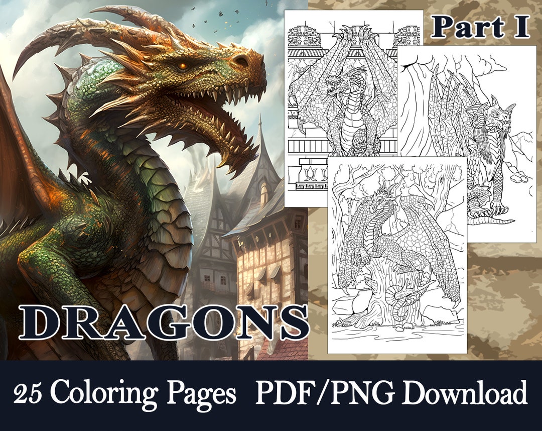 Fantasy Coloring Book: Dragons. 25 Digital Coloring Pages (printable ...