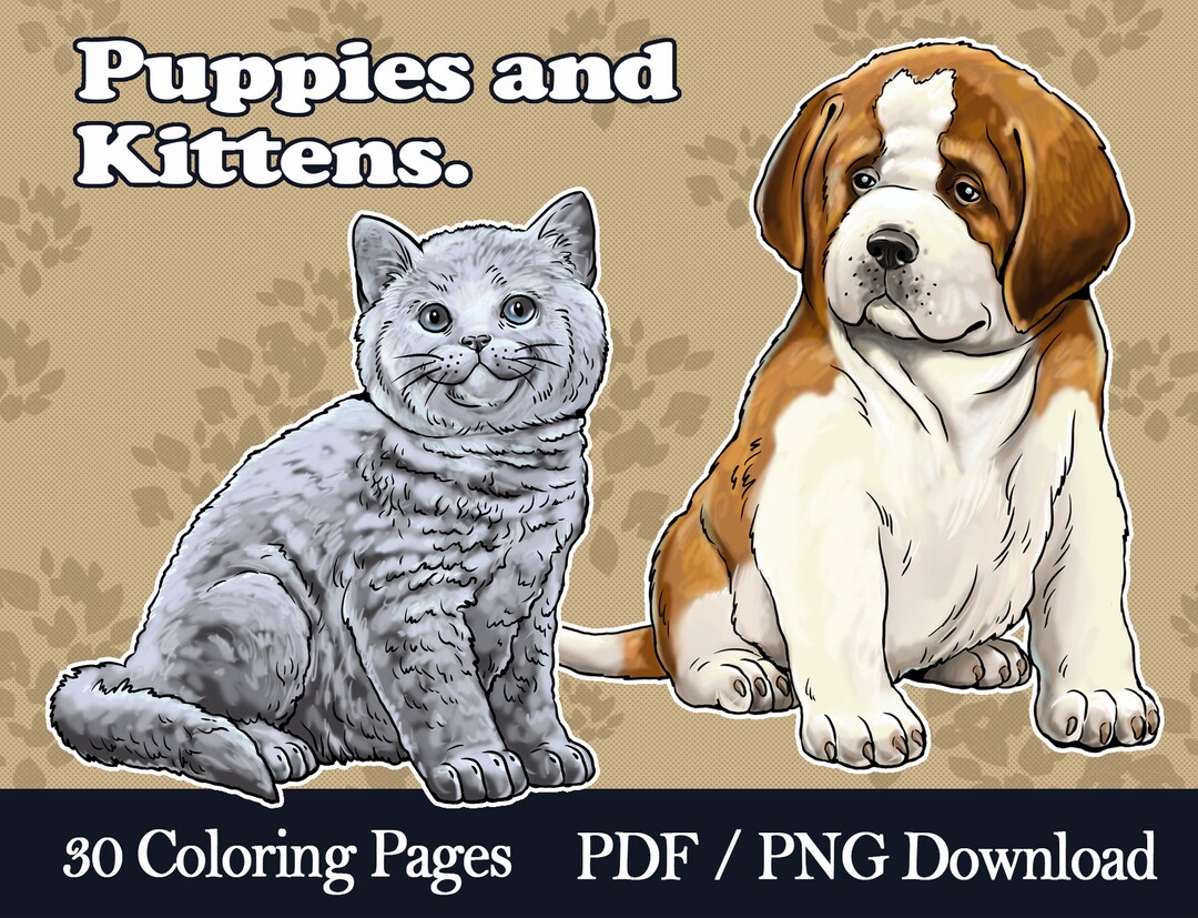 Puppies and Kittens. 30 Coloring Pages With Cute Baby Animals to Color ...