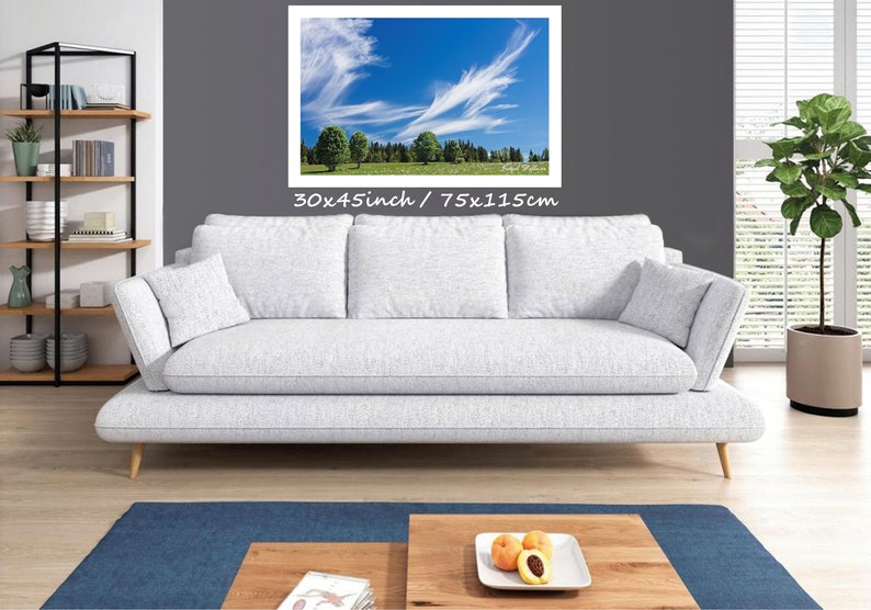 White Cirrus Clouds, Blue Sky in Mountains, Green Meadow, Spruce, Linder Trees, Landscape ...