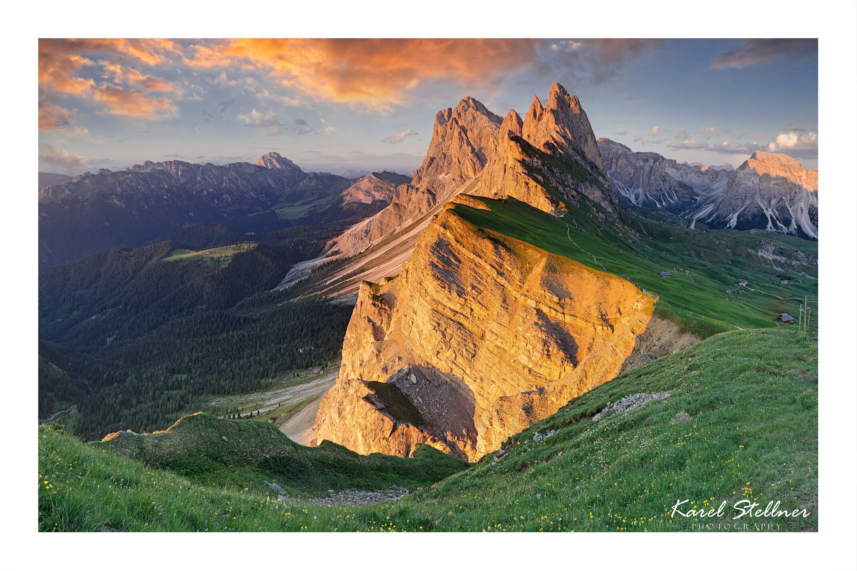 Dolomites Seceda, Sunset Red Sky Clouds, Alps Mountain Panorama, Green ...
