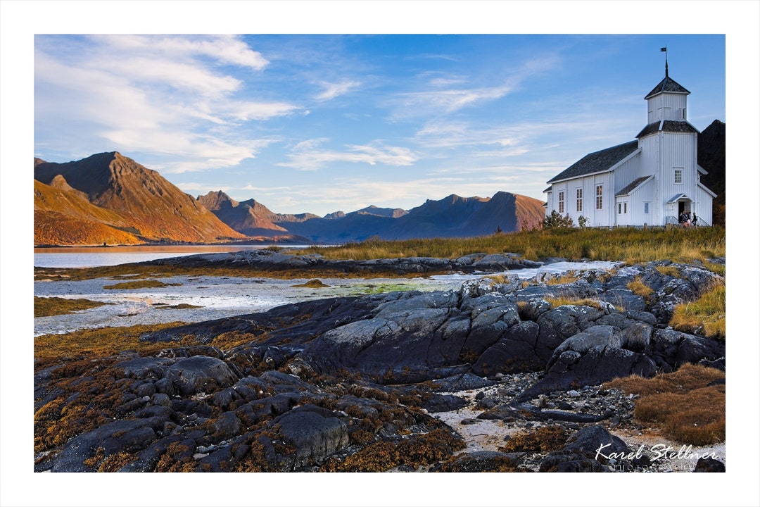 Lofoten Islands, White Church, Blue Fjord, Low Tides, Sunset Sky, Ocean ...