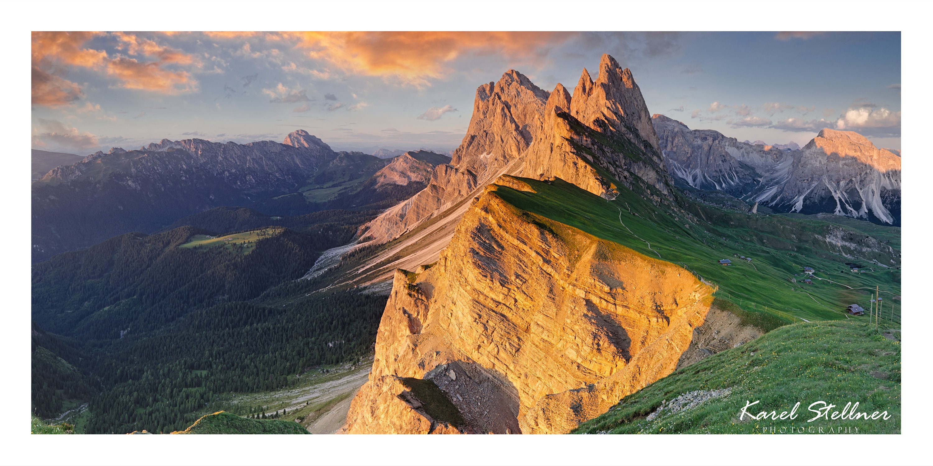 Dolomites Seceda, Sunset Red Sky Clouds, Alps Mountain Panorama, Green ...