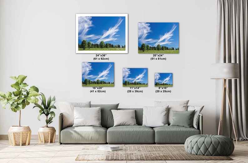 White Cirrus Clouds, Blue Sky in Mountains, Green Meadow, Spruce, Linder Trees, Landscape ...