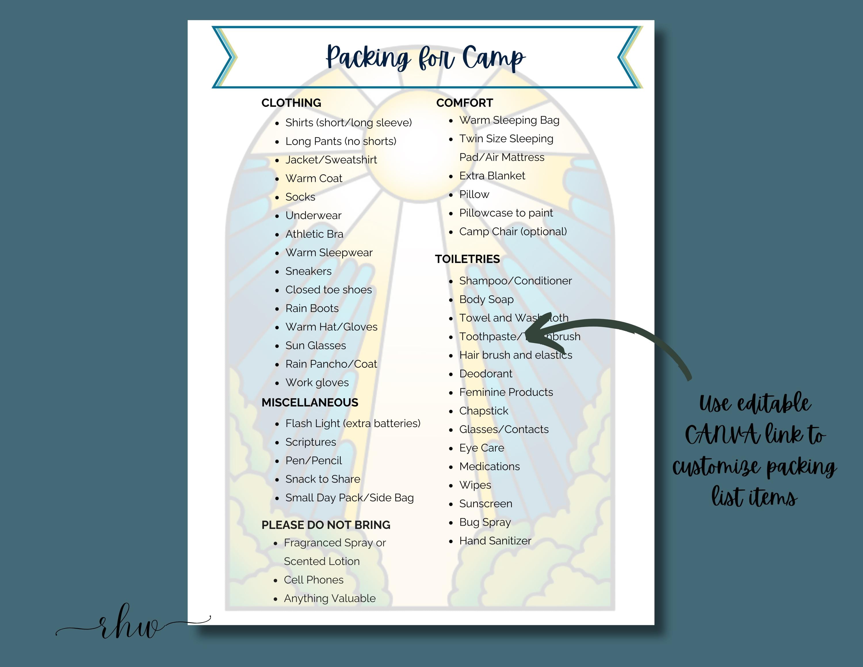 Girls Camp Packing List 2025 | CANVA | PDF | Look Unto Christ | D&C 6: ...