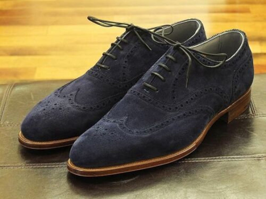 Handmade Men Navy Blue Suede Shoes, Men Wingtip Brogue Shoes, Dress ...