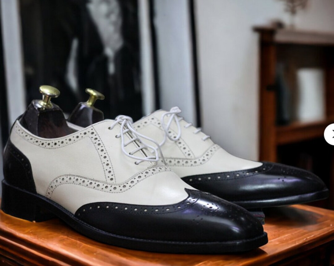 Handmade Goodyear Welted White & Black Leather Wing Tip Brogue Dress ...