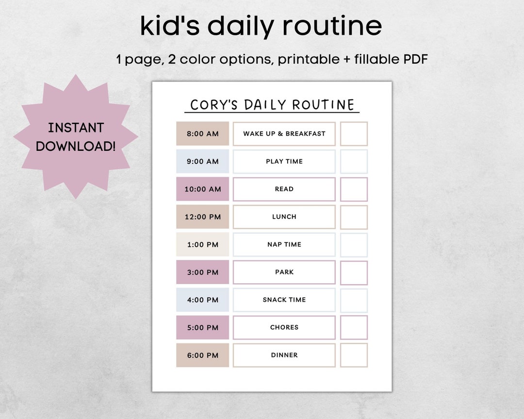 Kid's Daily Routine Schedule Printable PDF, Chore Chart for Kids, Kids ...