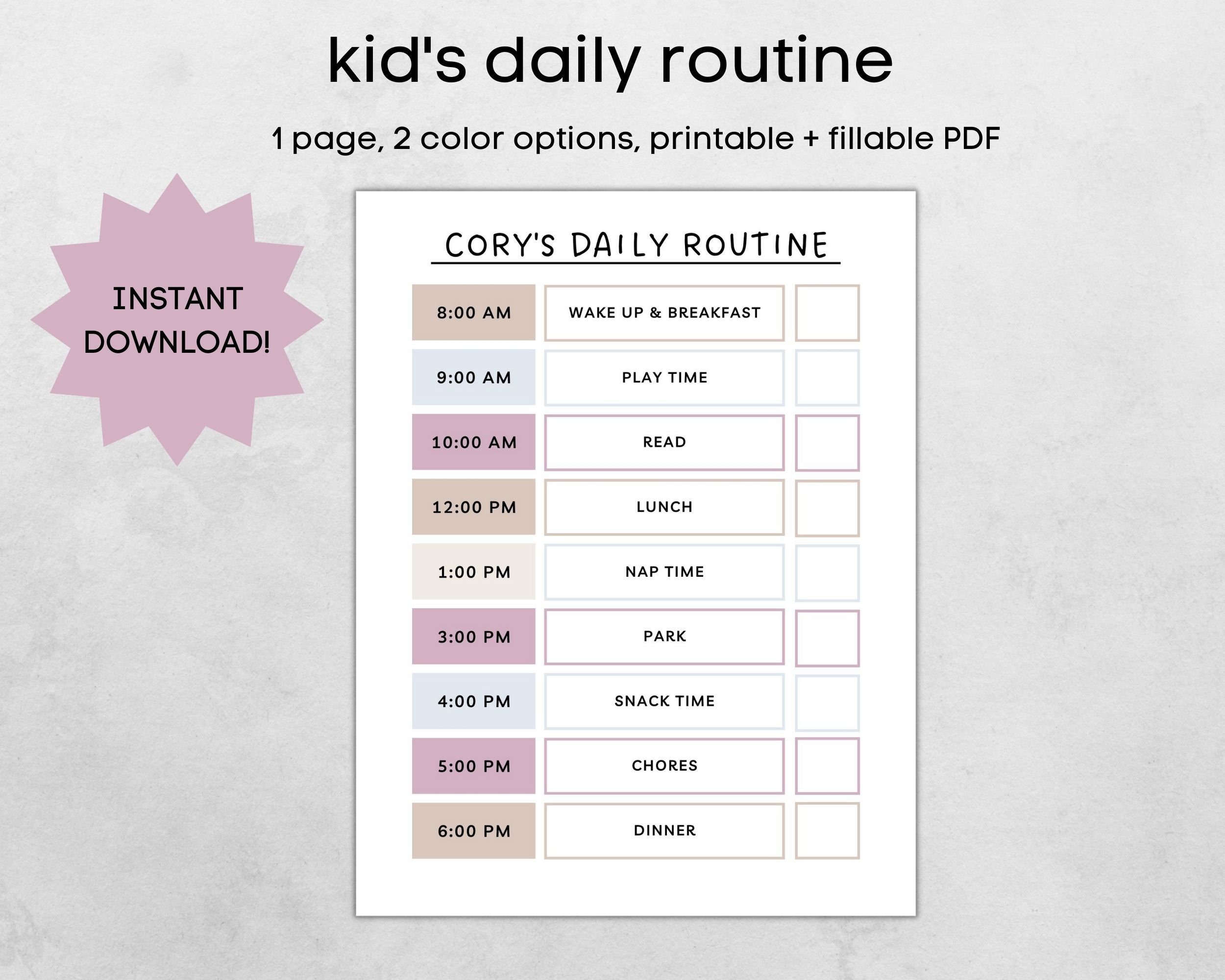 Kid's Daily Routine Schedule Printable PDF, Chore Chart for Kids, Kids ...