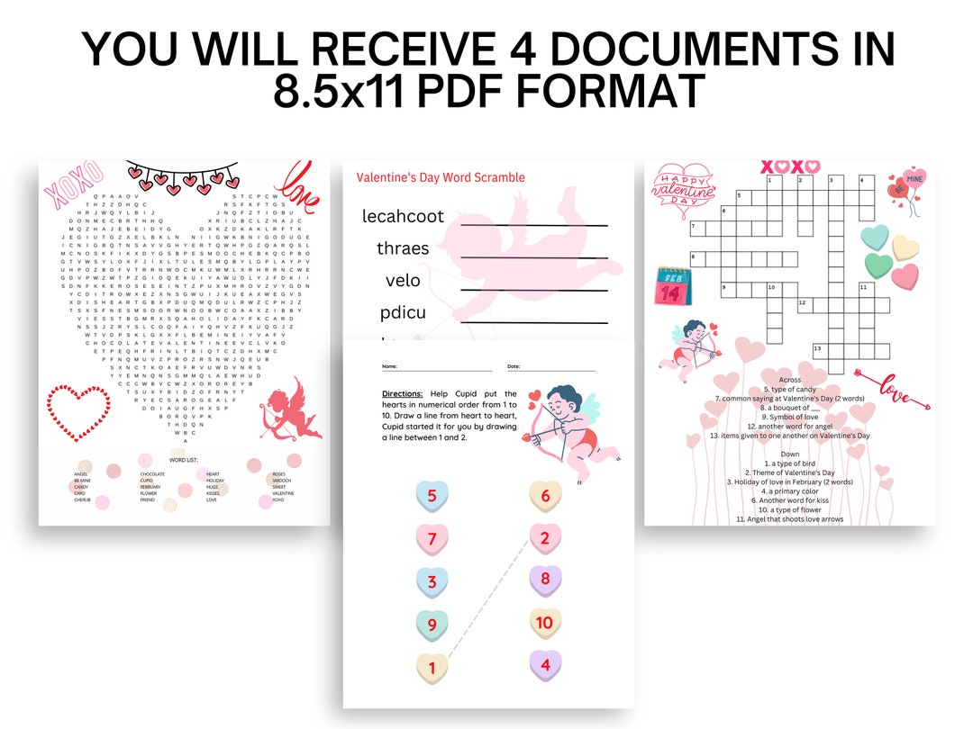 Valentine's Day Puzzle Bundle - Word Scramble, Crossword Puzzle, Math ...
