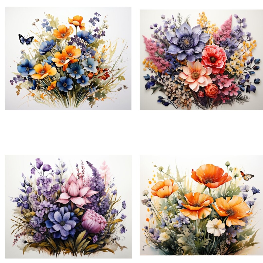 Wildflower Meadow Clusters Watercolor Portrait, Card Making, Clip Art, Digital Paper Crafts JPG ...