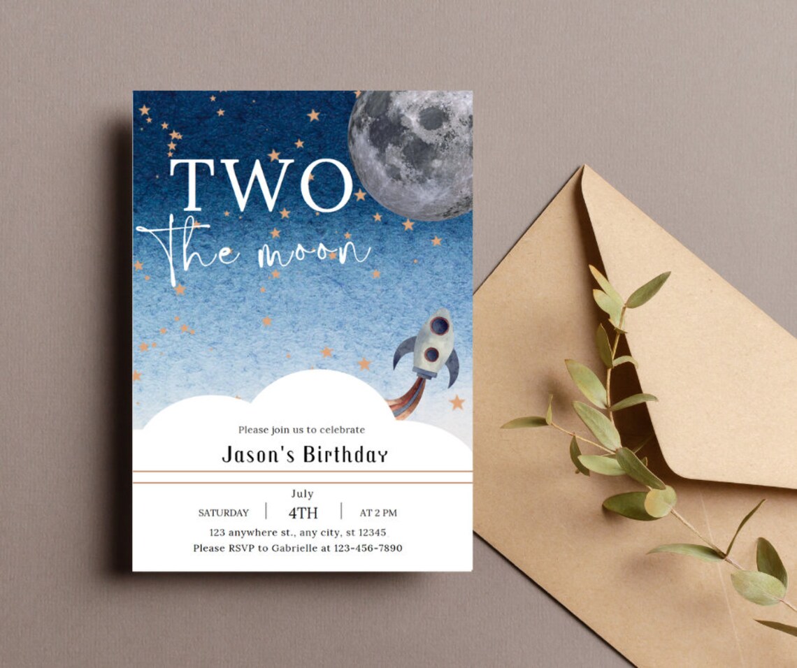 Two the Moon Birthday Invitation, Editable Space Themed Birthday ...