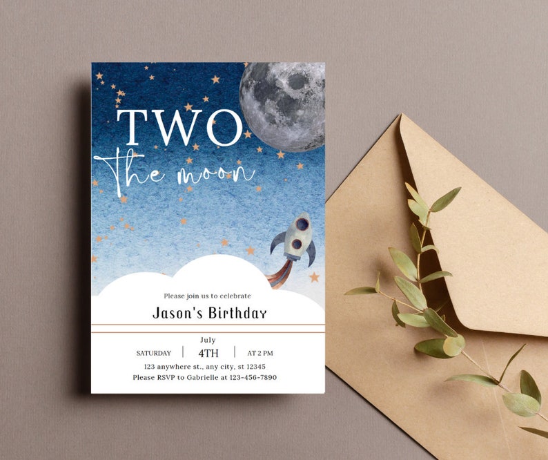 Two the Moon Birthday Invitation, Editable Space Themed Birthday ...