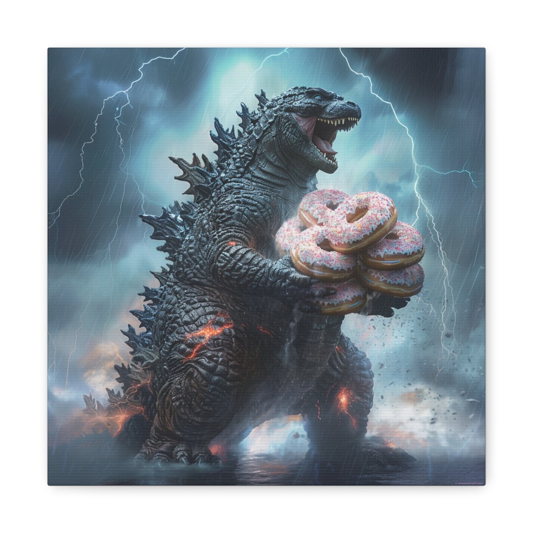 Whimsical Godzilla Canvas the King of Monsters Holding a Bundle of ...