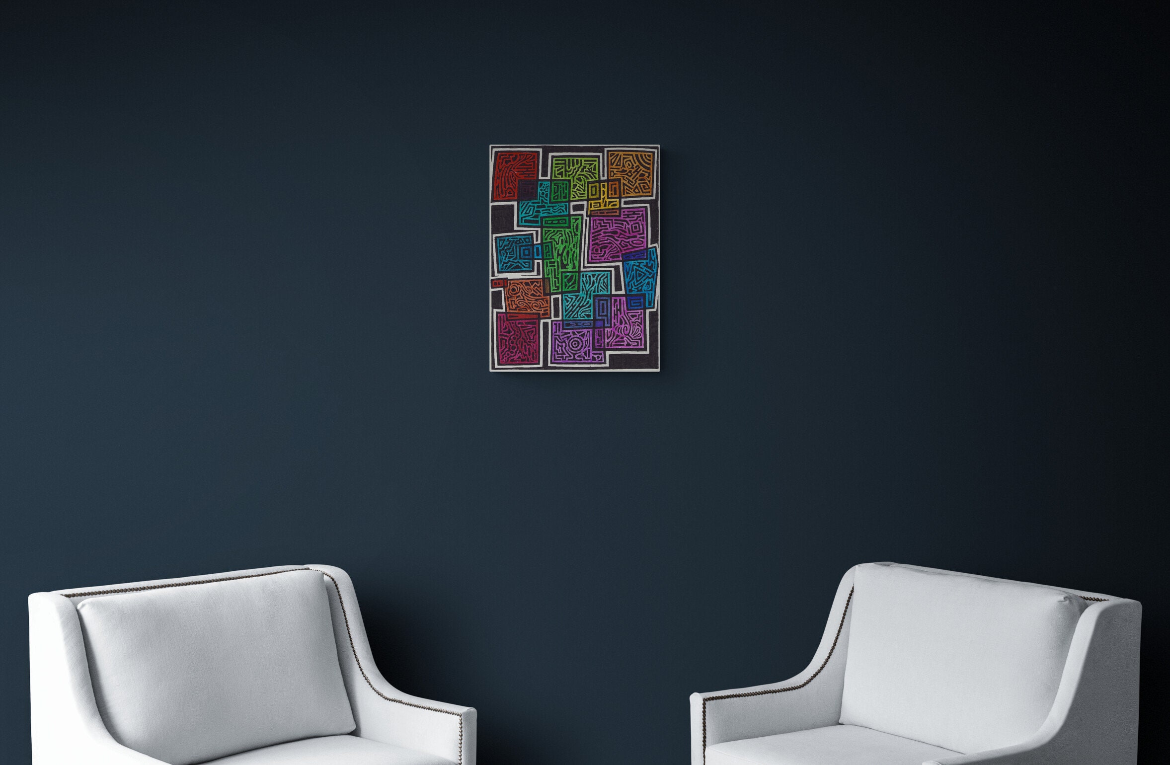 Wacky Colorful Sqares Abstract Matte Poster Mosaic Inspired Ink Drawing ...