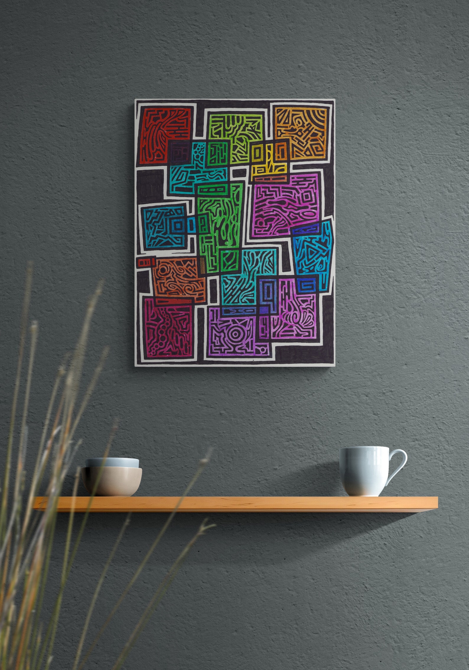 Wacky Colorful Sqares Abstract Matte Poster Mosaic Inspired Ink Drawing ...