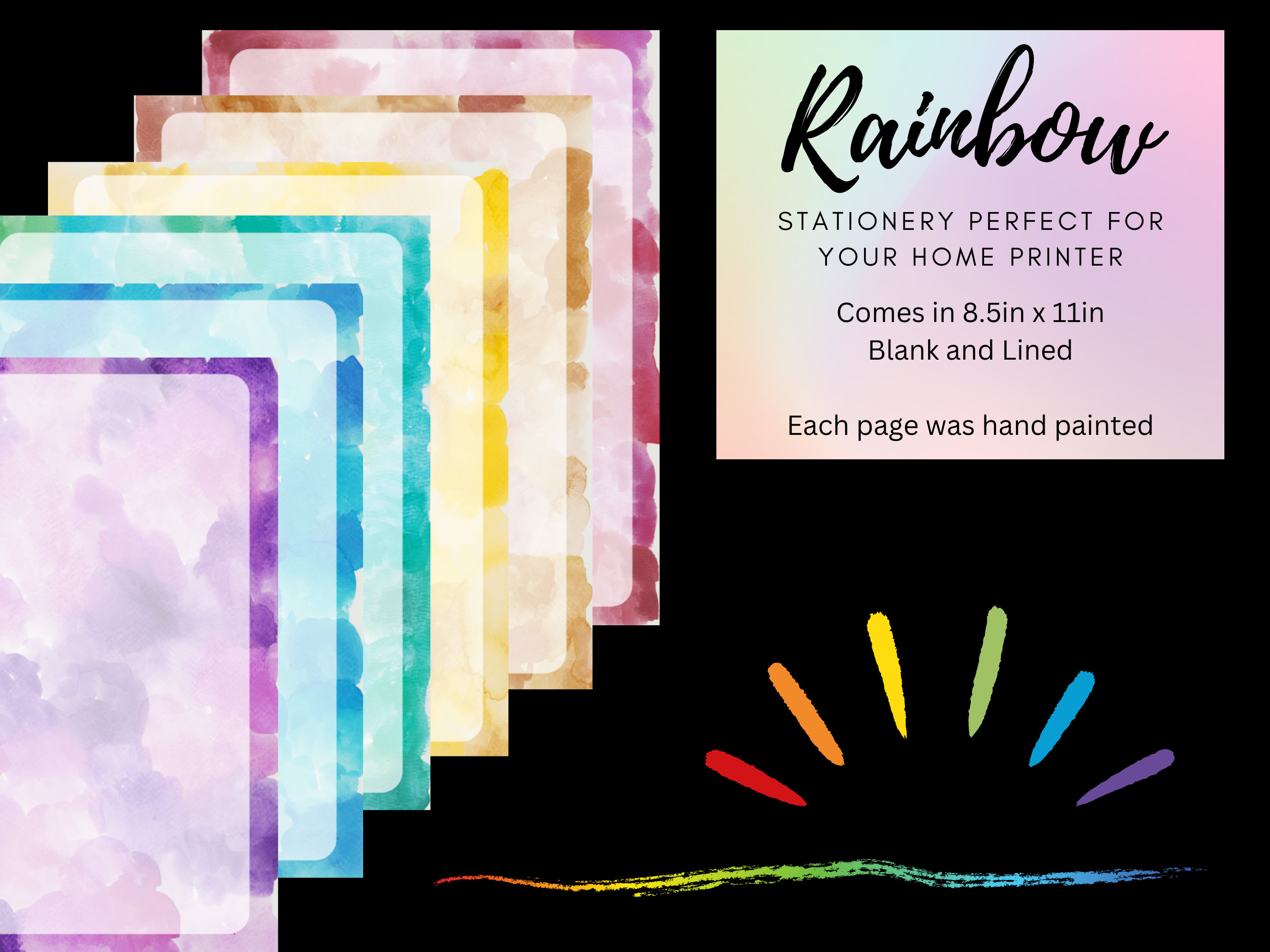 Rainbow Watercolor Printable Stationery Set Colorful Lined Writing ...