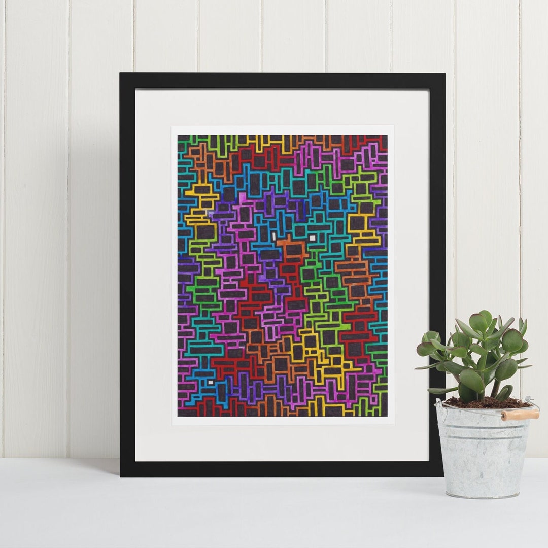 Rainbow Geometric Ink Drawing Print, Printable Maximalist Wall Art ...