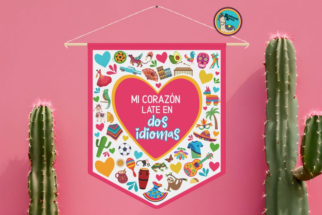 Hispanic Symbols Wall Hanging, Mi Corazón Late En Dos Idiomas Pennant ...