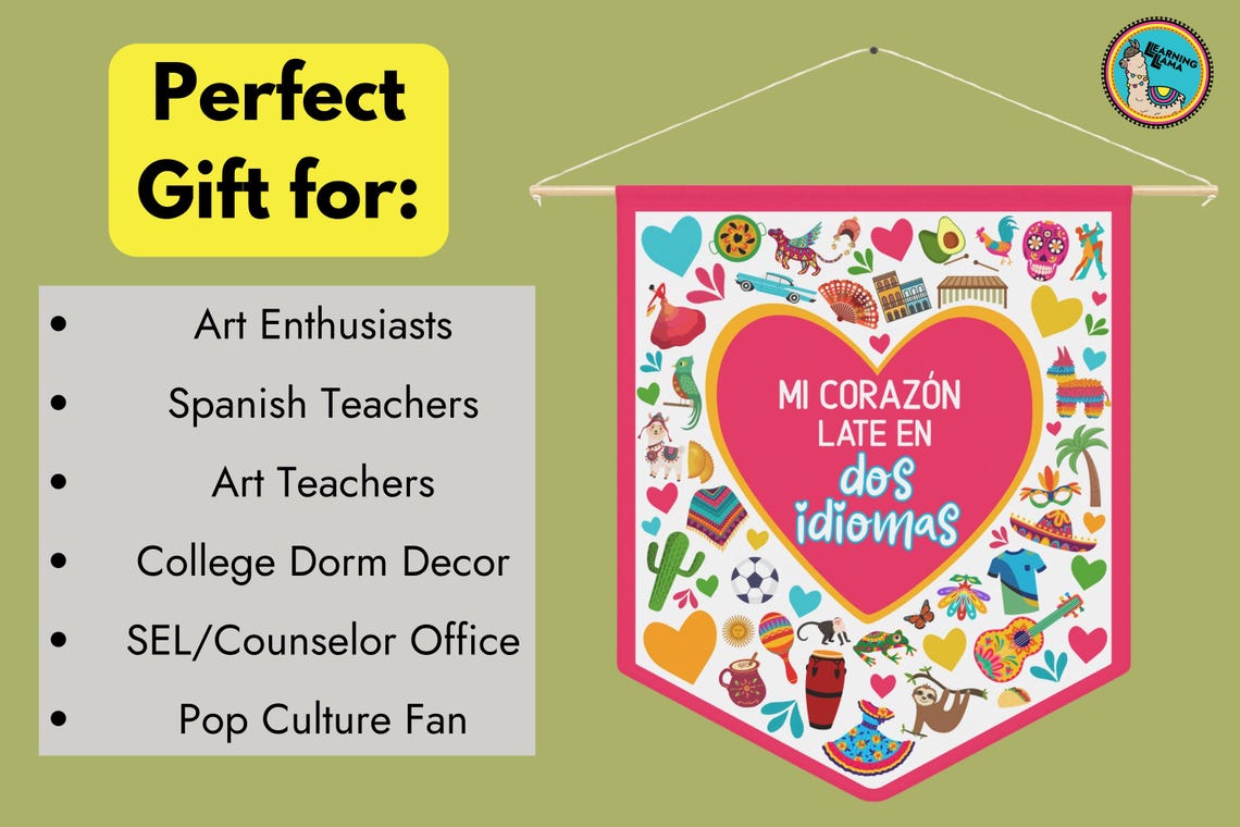 Hispanic Symbols Wall Hanging, Mi Corazón Late En Dos Idiomas Pennant ...