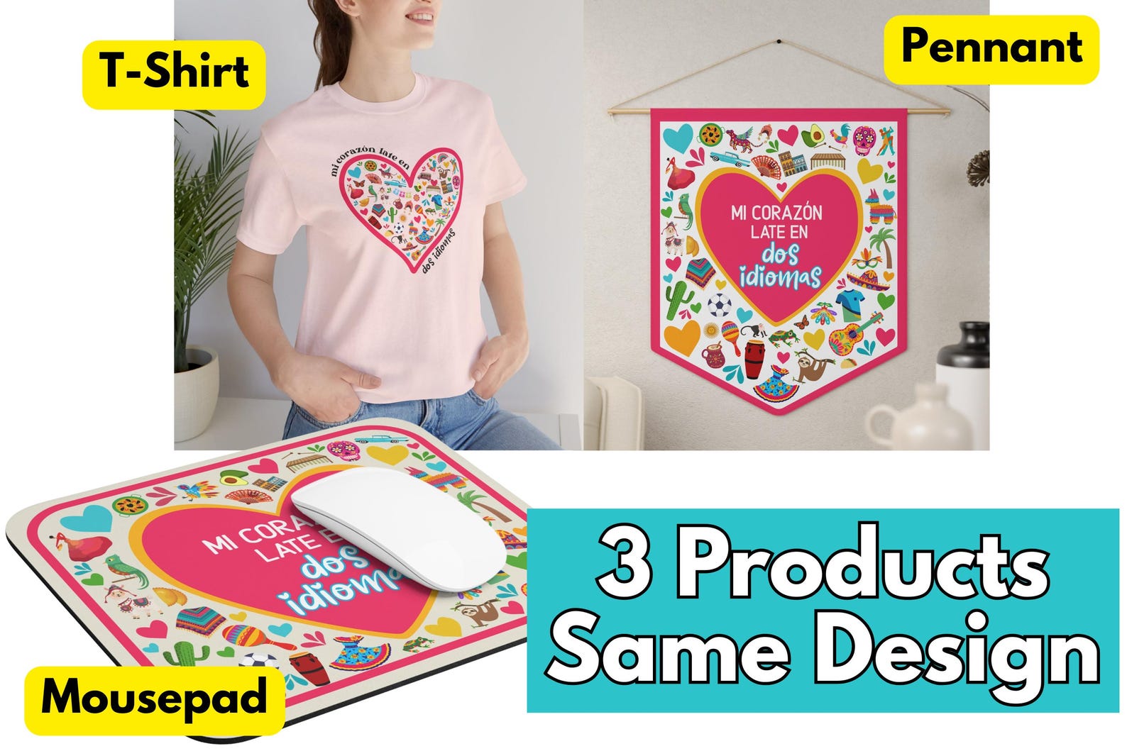 Hispanic Symbols Wall Hanging, Mi Corazón Late En Dos Idiomas Pennant ...