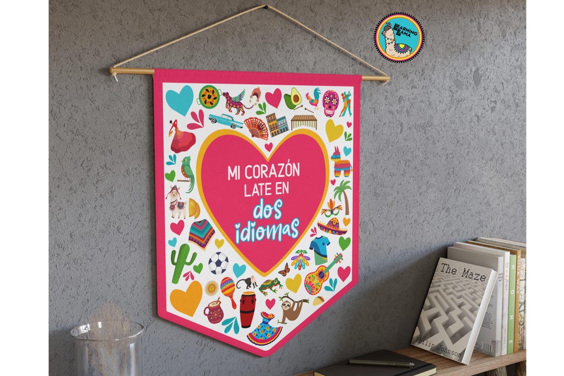 Hispanic Symbols Wall Hanging, Mi Corazón Late En Dos Idiomas Pennant ...