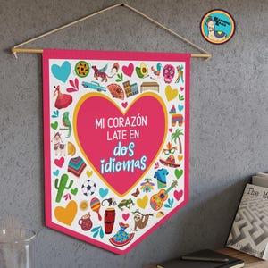 Hispanic Symbols Wall Hanging, Mi Corazón Late En Dos Idiomas Pennant ...