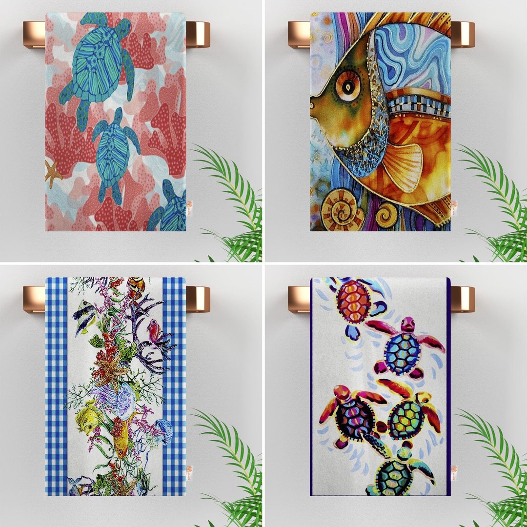 Sea Turtle Tea Towel|fish Print Dishcloth|nautical Hand Towel|coral ...