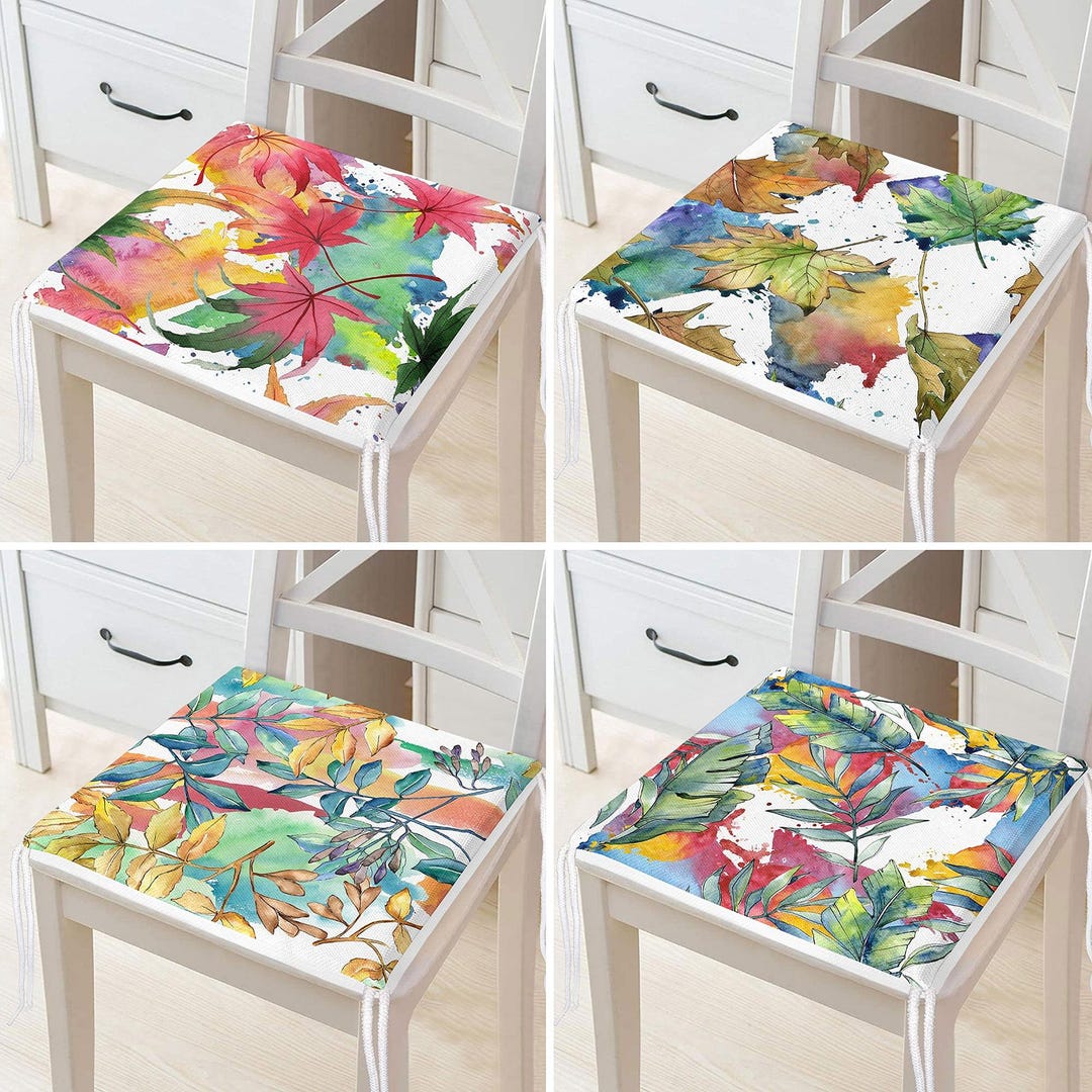 Vibrant Botanical Chair Cushions|square Fall Pads With Multicolor Leaf ...
