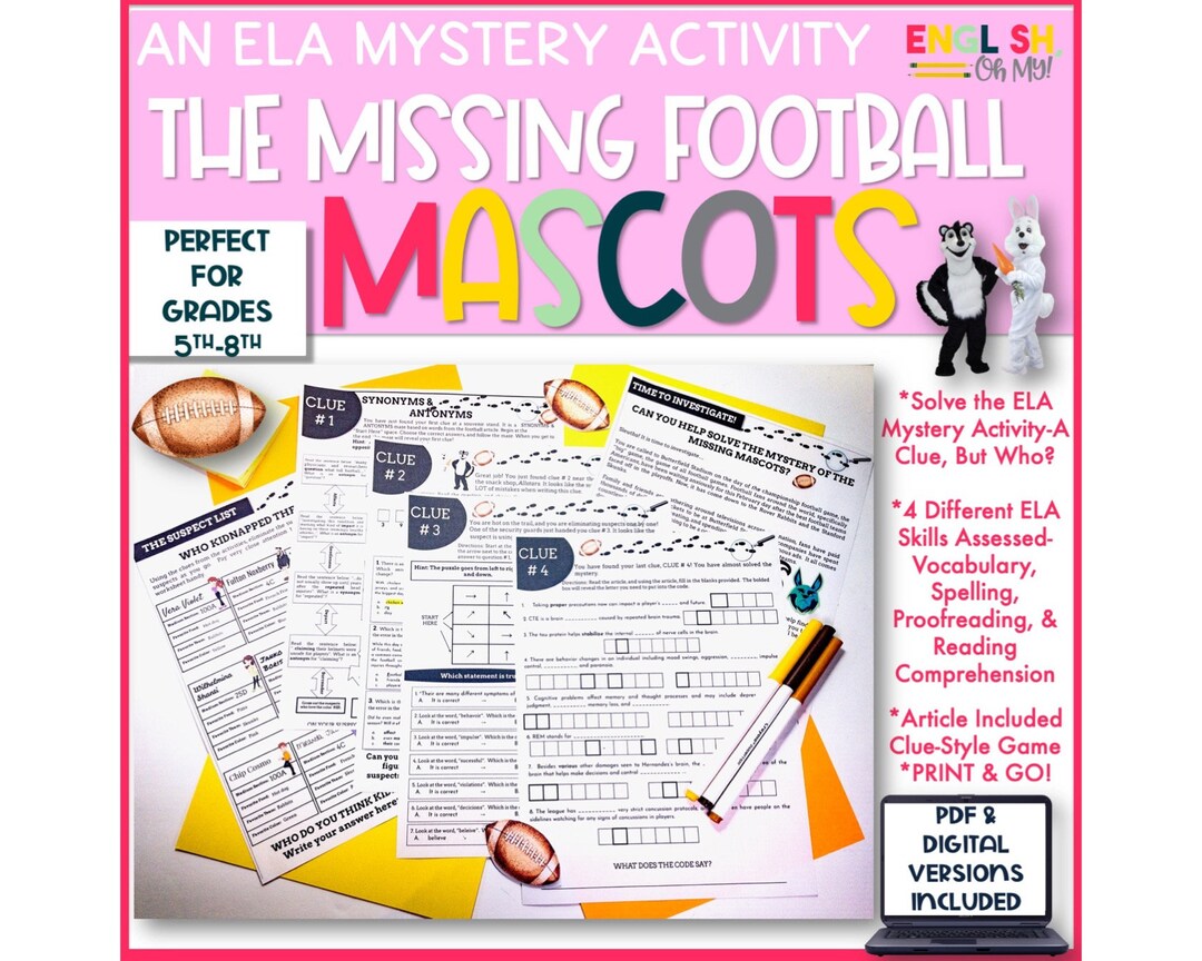 ELA Mystery - Missing Football Mascot, Vocabulary, Reading ...