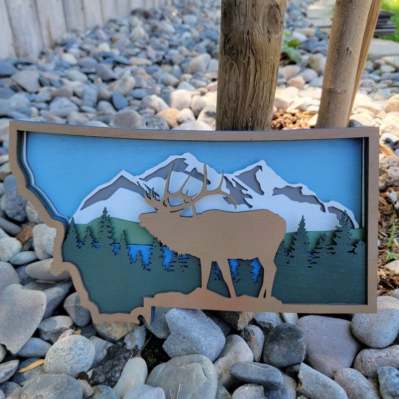 3D Multi-layered Wood Montana Mountain Scenery With Elk Sign - Etsy