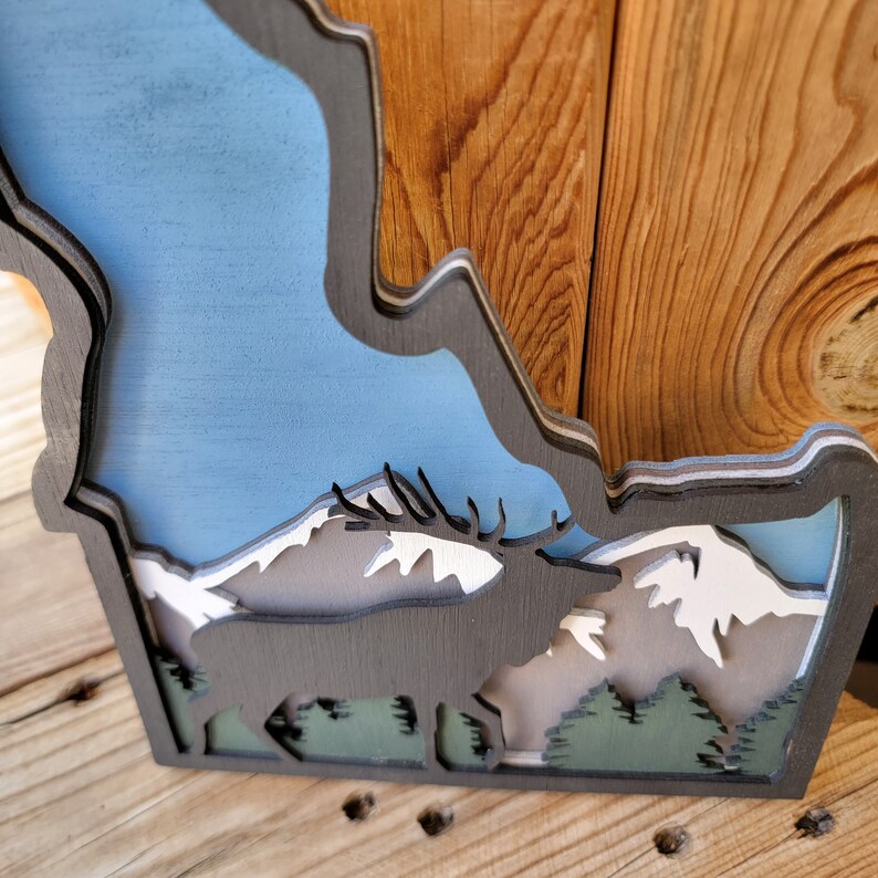 Layered Wood Idaho Scenery With Elk Sign, Idaho Wall Art, Multi-layered ...