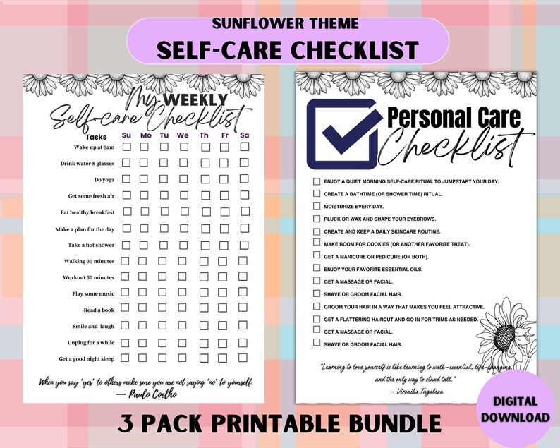SELF CARE CHECKLIST Daily Weekly and Monthly Sunflower - Etsy