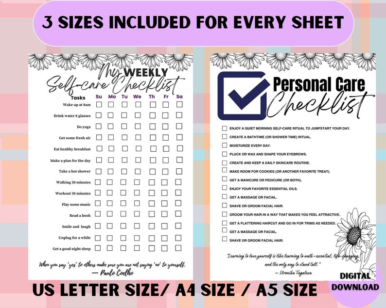 SELF -CARE CHECKLIST Daily, Weekly and Monthly - Sunflower Theme - Etsy