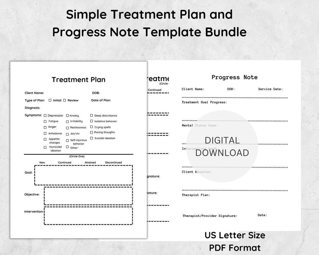 Simple Treatment Plan and Progress Note Templates for Therapists Bundle ...