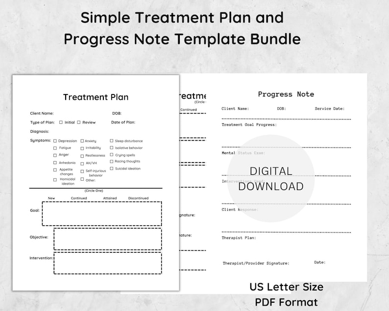 Simple Treatment Plan and Progress Note Templates for Therapists Bundle ...