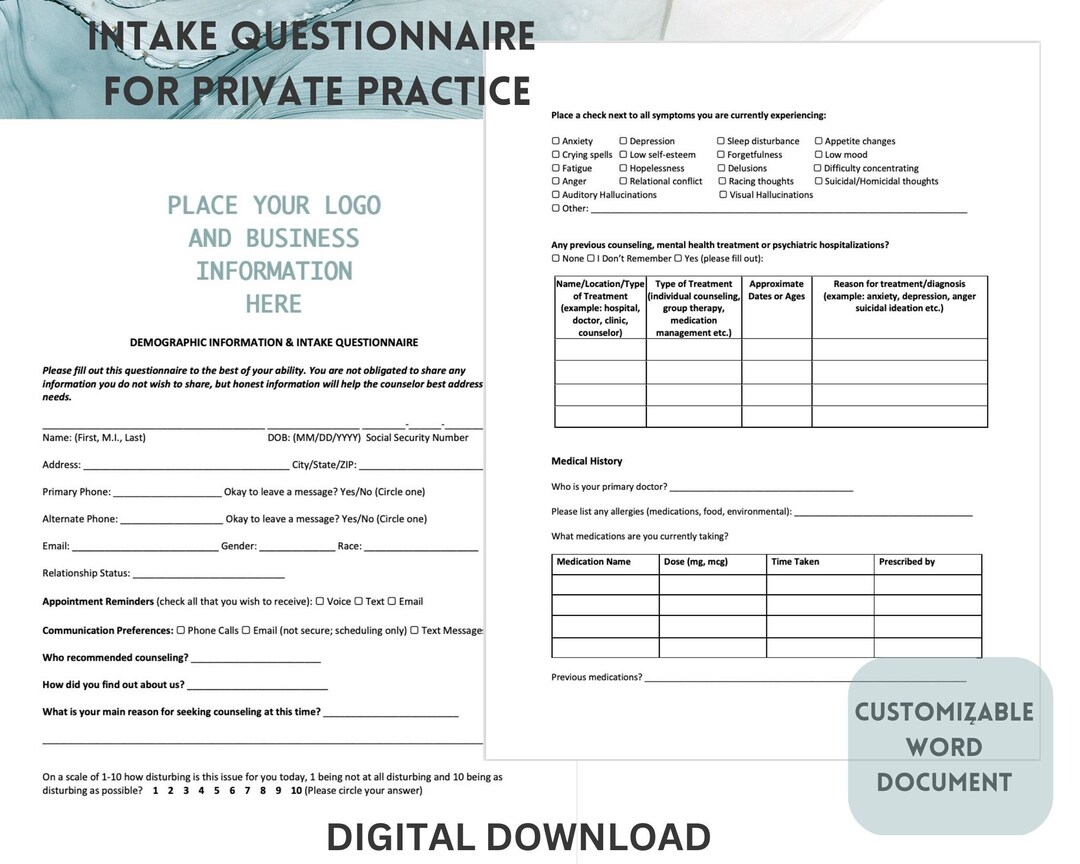 Therapist Intake Questionnaire for Private Practice - Etsy