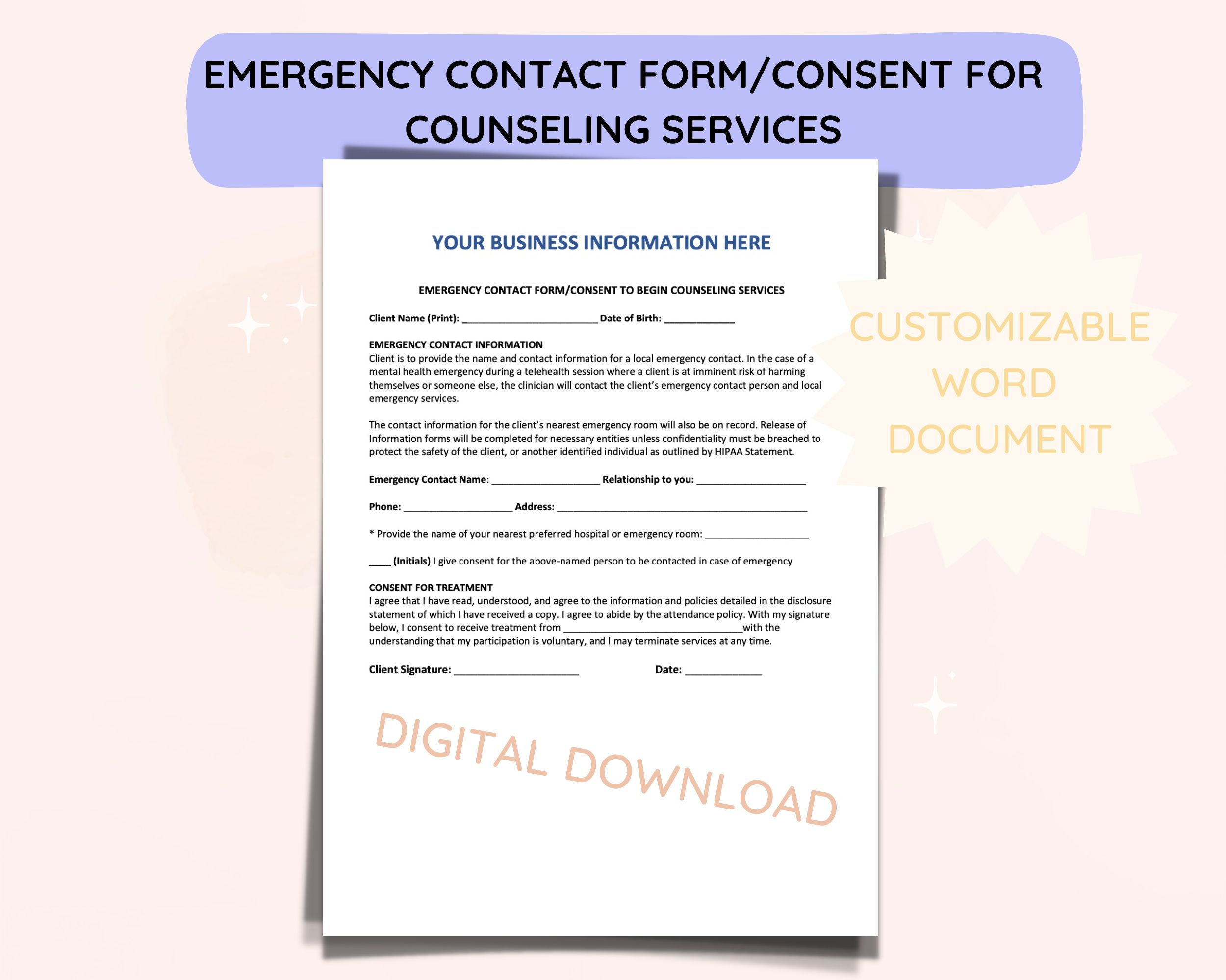 Emergency Contact Form/consent to Begin Counseling Services - Etsy