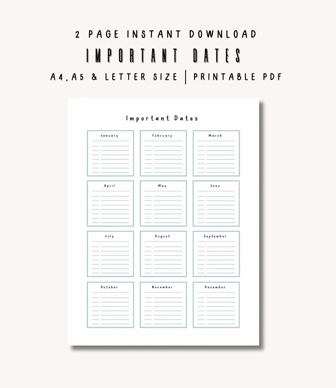 Important Dates | A4, A5 and Letter | Instant Download | Productivity ...