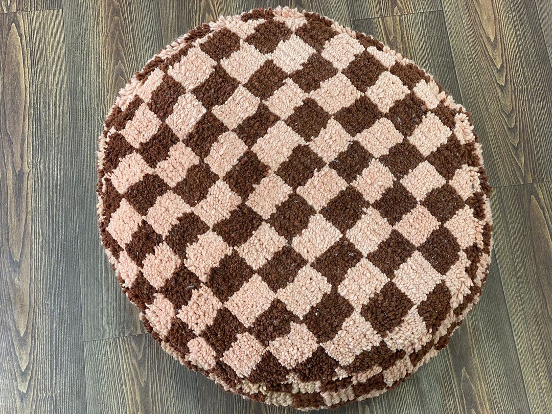 Moroccan Checker Ottoman Cream Round Wool Pouf, Woven Bohemian Living ...