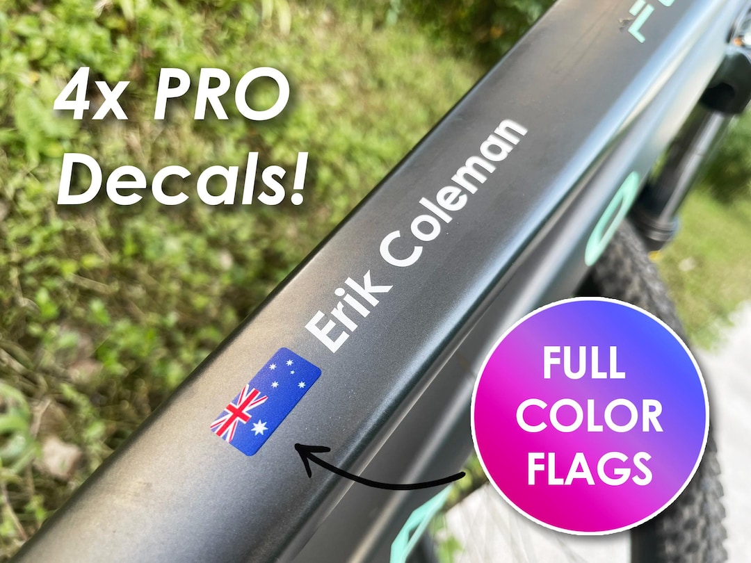 4x Personalised Bike Name and Flag Decal Cut to Text No Background ...