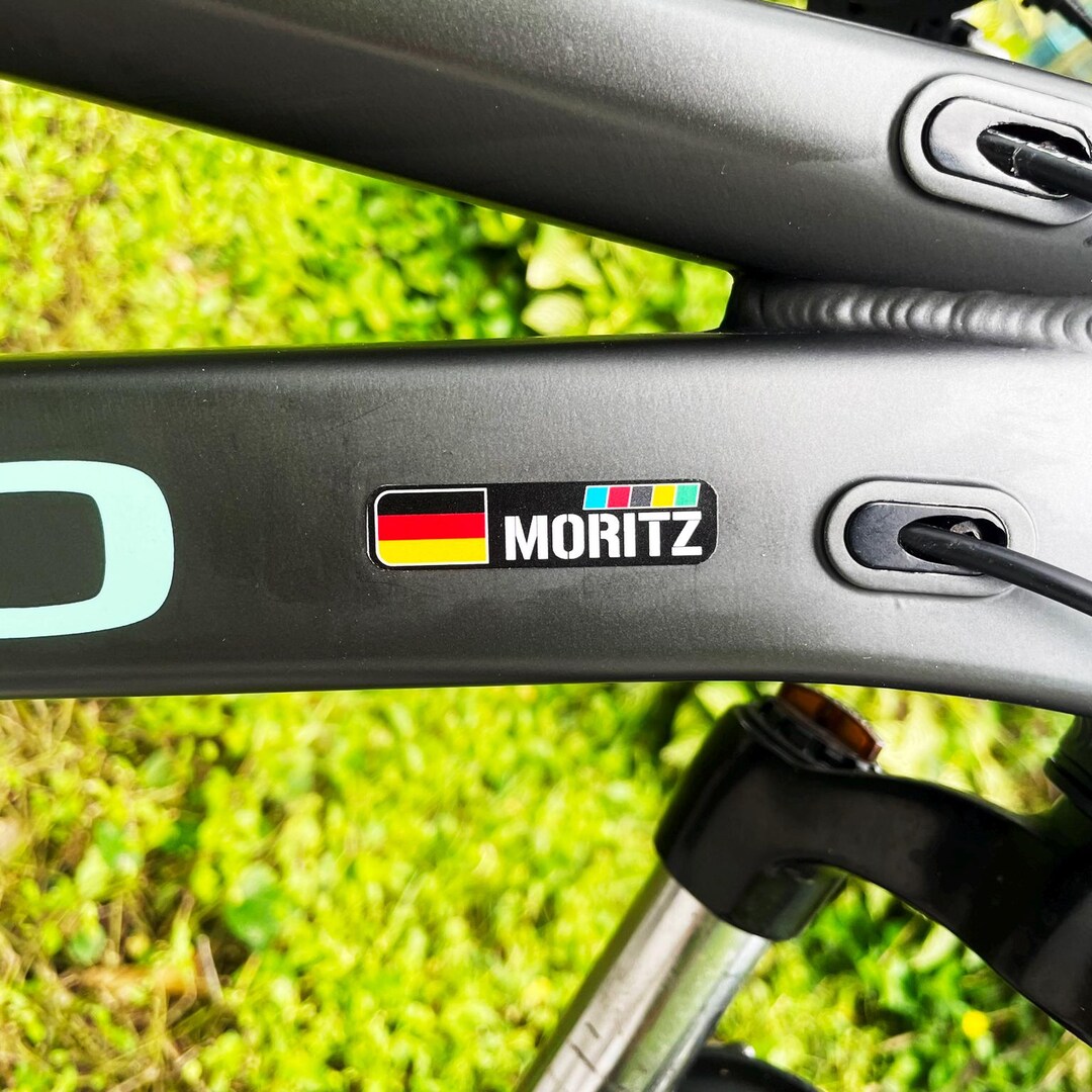 10x Personalised Bike Name and Flag Black Sticker Label Decal - for ...