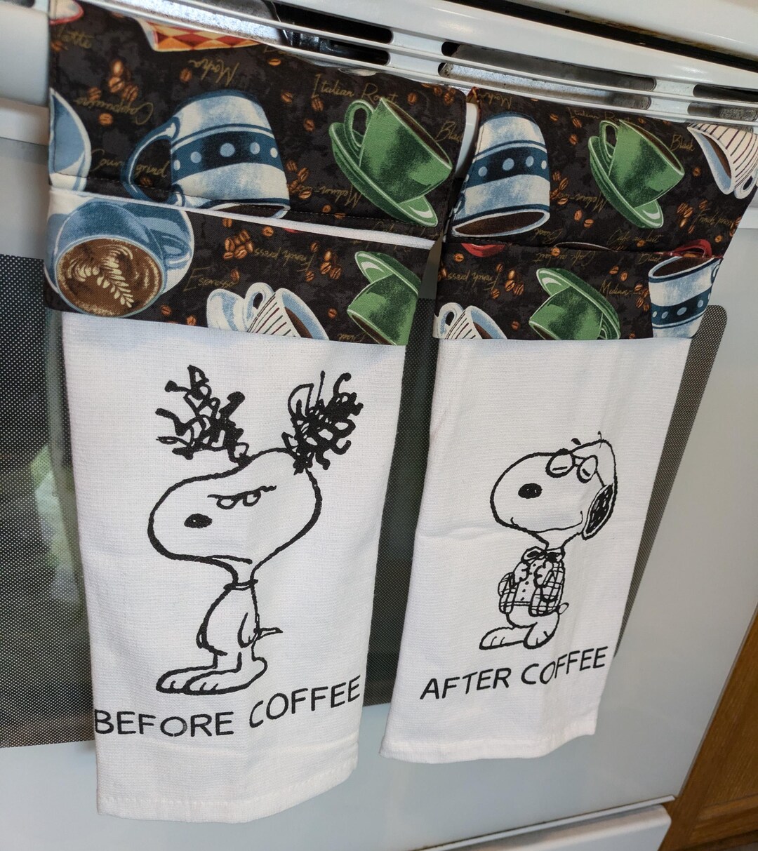 Hanging Kitchen Towel, Peanuts Snoopy Before Coffee After Coffee Stove ...