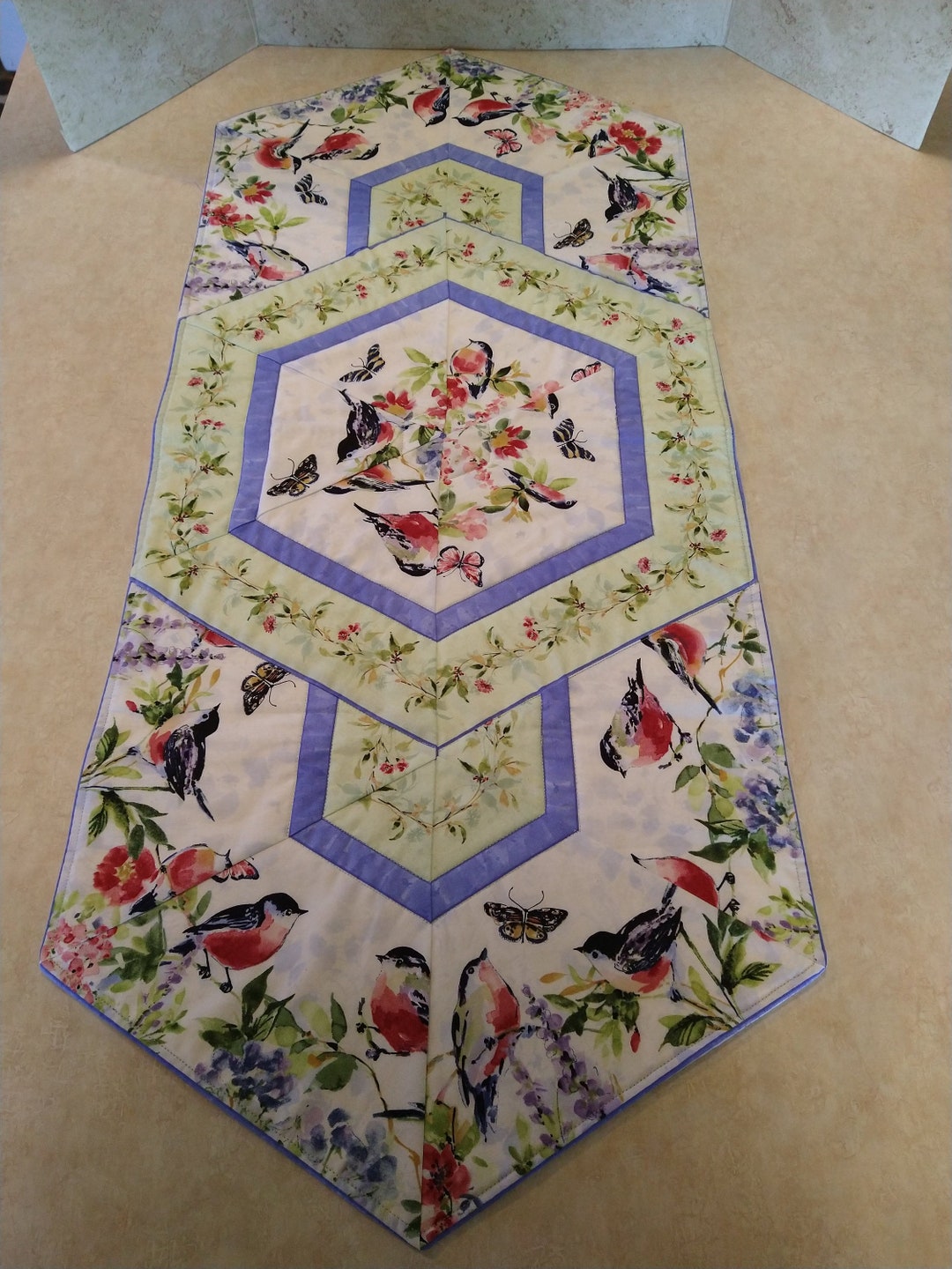 Table Runner in Triangle Frenzy Pattern, Watercolor Birds, Handmade ...