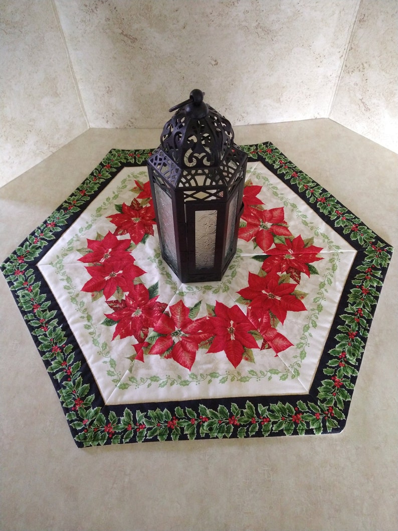 Red Poinsetta & Birds Table Topper, Christmas Decor, Handmade Gift ...