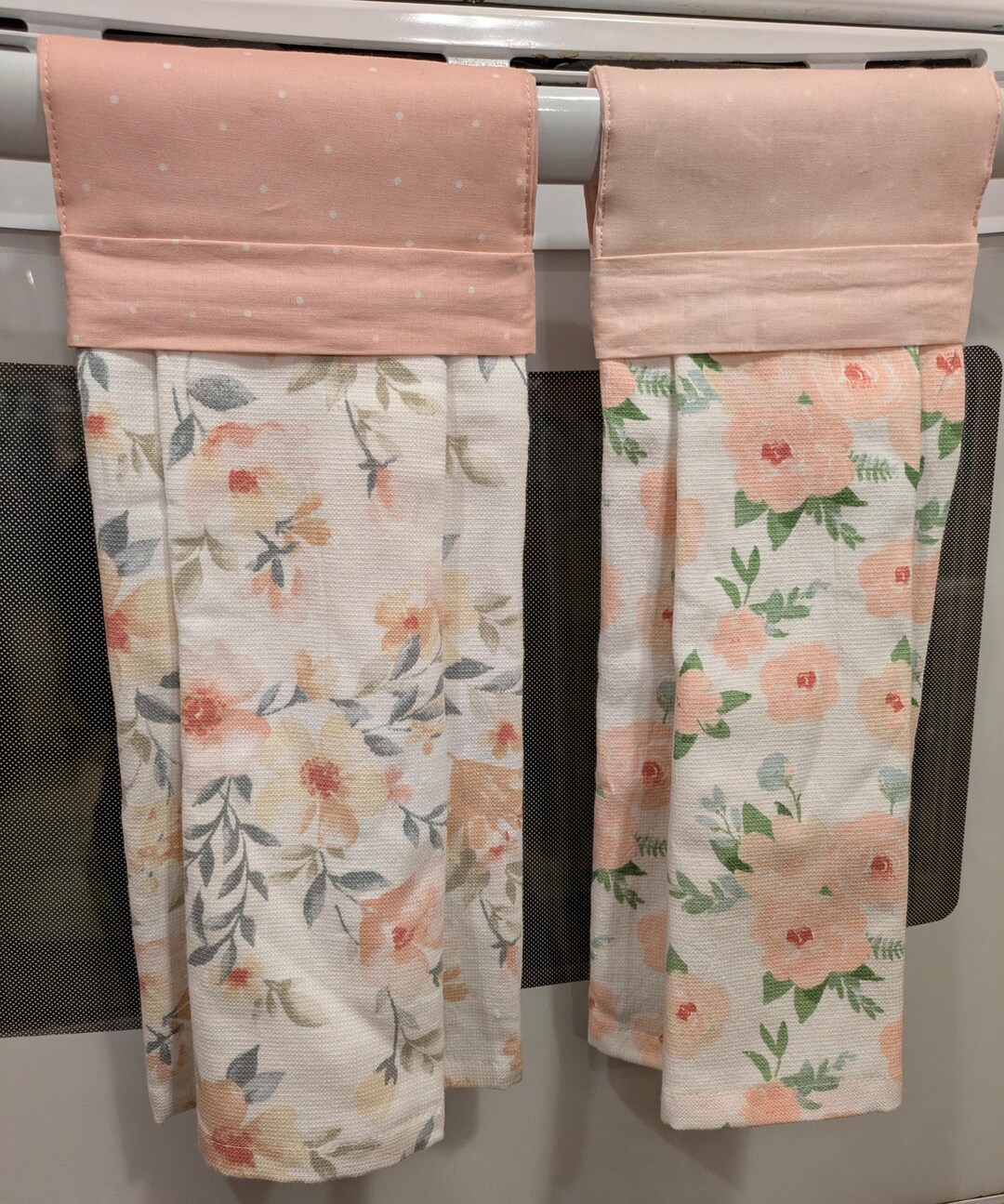Hanging Kitchen Towel, 2 Different Pink Floral Stove Handle Towels ...